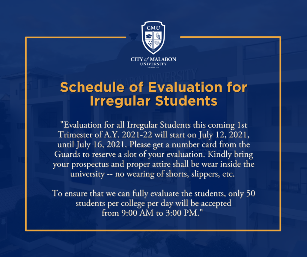 Schedule of Evaluation for Irregular Students – City of Malabon University