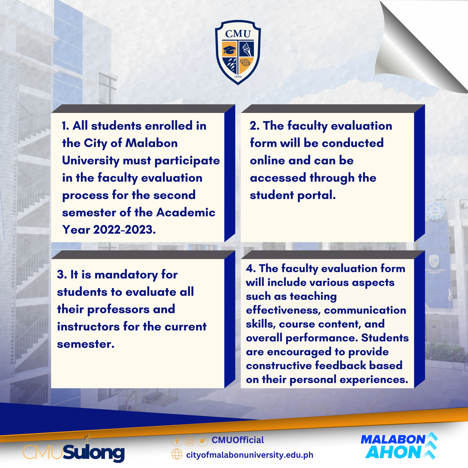 𝗙𝗮𝗰𝘂𝗹𝘁𝘆 𝗘𝘃𝗮𝗹𝘂𝗮𝘁𝗶𝗼𝗻 𝗚𝘂𝗶𝗱𝗲𝗹𝗶𝗻𝗲𝘀 𝗳𝗼𝗿 𝗦𝘁𝘂𝗱𝗲𝗻𝘁𝘀 𝗼𝗳 𝘁𝗵𝗲 𝗖𝗶𝘁𝘆 𝗼𝗳 𝗠𝗮𝗹𝗮𝗯𝗼𝗻 ...