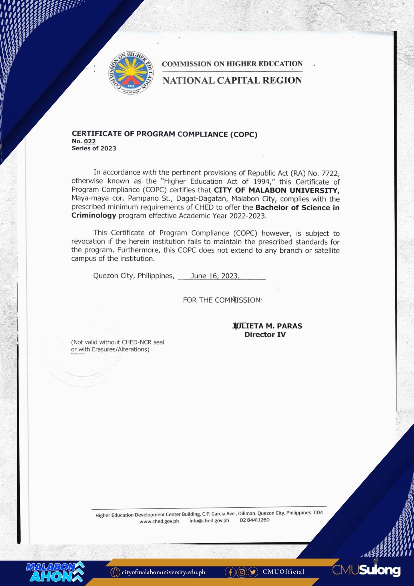 The City of Malabon University has been awarded the Certificate of ...